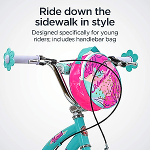 Schwinn Hazel Kids Bike, For Girls and Boys Ages 7 and Up, 20-Inch Wheels, Single Speed, With Training Wheels, Bag, and Flower Grip Ends, Suggested Rider Height 4'0" to 5'0", Teal