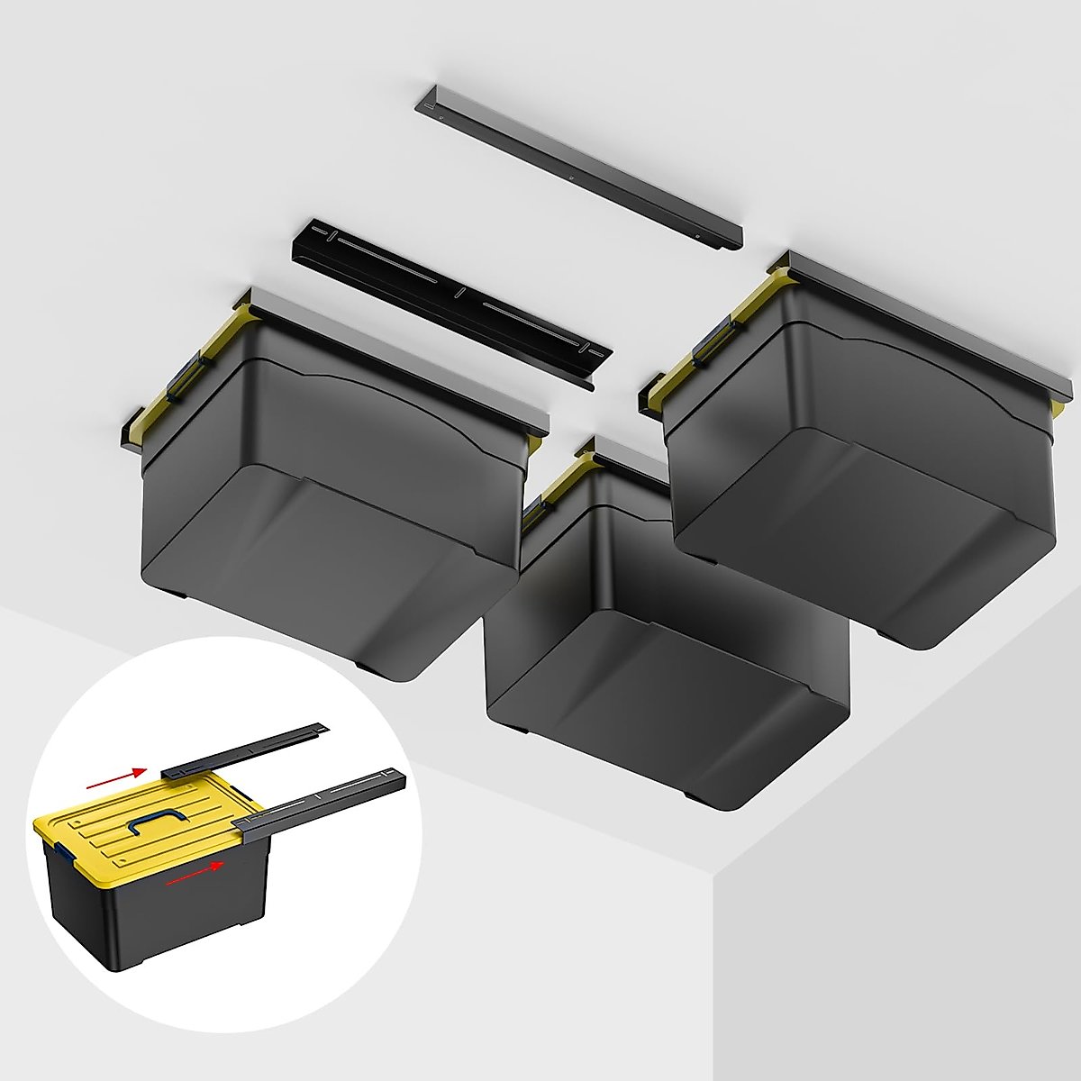 4 Bins Overhead Garage Storage Racks for Utility Bins,Heavy Duty Garage Ceiling Storage Racks,Storage Bin Ceiling Rack System,Tote Storage Rails,Storage Bin Ceiling Rack System,Great Space Saver