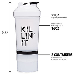 [2 Pack] 20-oz Shaker Bottle with Attachable Storage Compartments (White & Black - 2 Pack) | 20 Ounce Protein Shaker Cup with Motivational Quotes | Attachable Container Storage for Protein or Supplements with Mixing Agitators