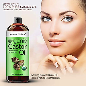 Natural Riches Organic Castor Oil Cold pressed USDA certified for Dry Skin Hair Loss Dandruff Thicker Hair - Moisturizes Skin Helps Hair growth Thicker Eyelashes Eyebrows Hexane free16 fl. oz.