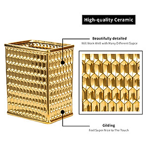 RZCNC Ceramic Gold Square Trash can Waste Basket, Decorative Garbage Can for Bathroom, Bedroom, Home Office, Kitchen, Dorm, College (1.5 Gallon, Small, Open Top)