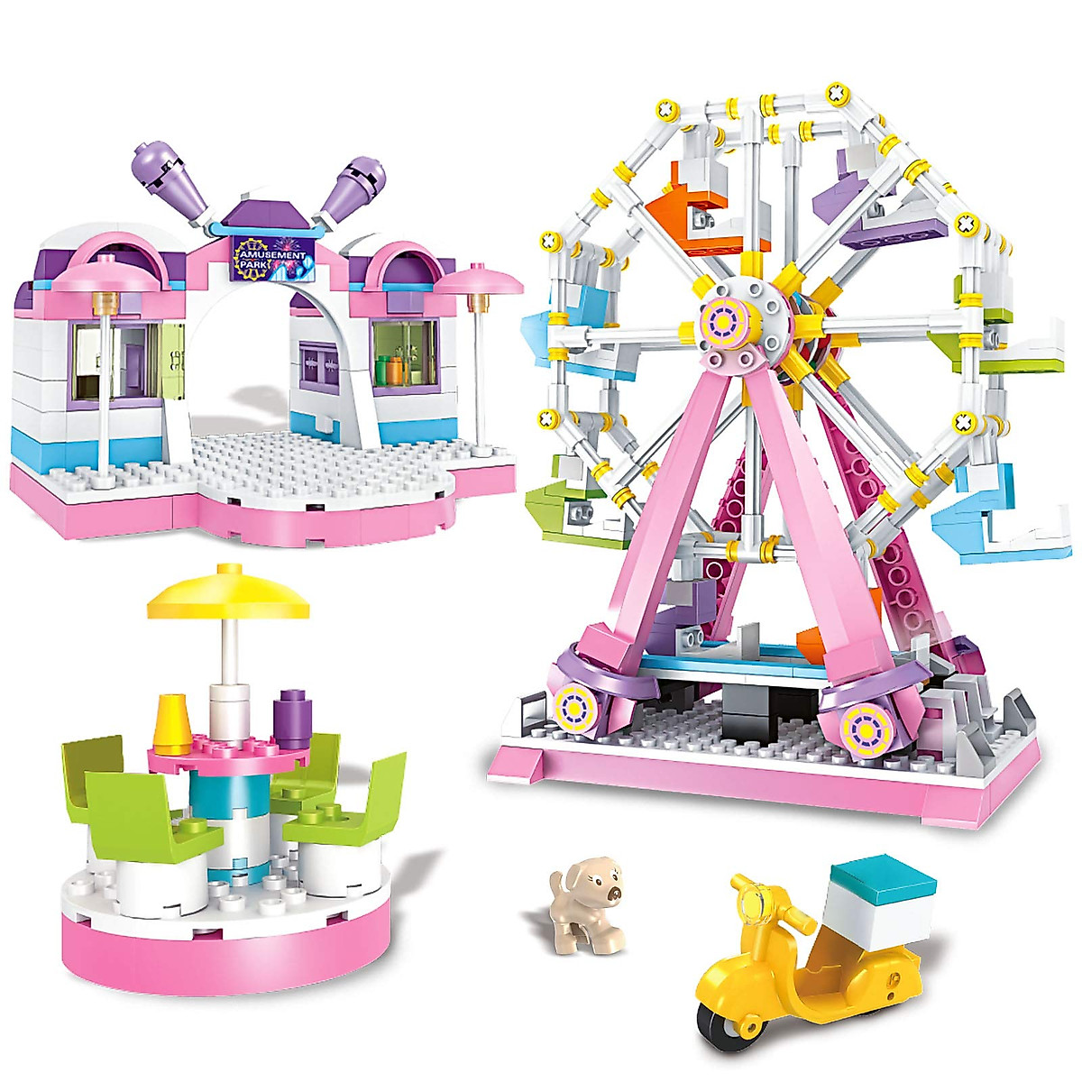 BRICK STORY Girls Friends Carnival Building Set Friends Amusement Park Building Blocks Toys with Ferris Wheel, Show Stage and 4 Mini Dolls Great Birthday Gift for Kids Age 6-12 and up, 610 Pieces