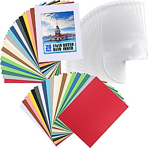 Tenceur 20 Sets Picture Mats 11 x 14 Inch Mat for 8 x 10 Photo Mat Mixed Colored Core Bevel Cut Matted Picture Frame Mat Kit Includes 20 Pre Cut Frame Mats and 20 Backing Board and 20 Clear Seal Bags