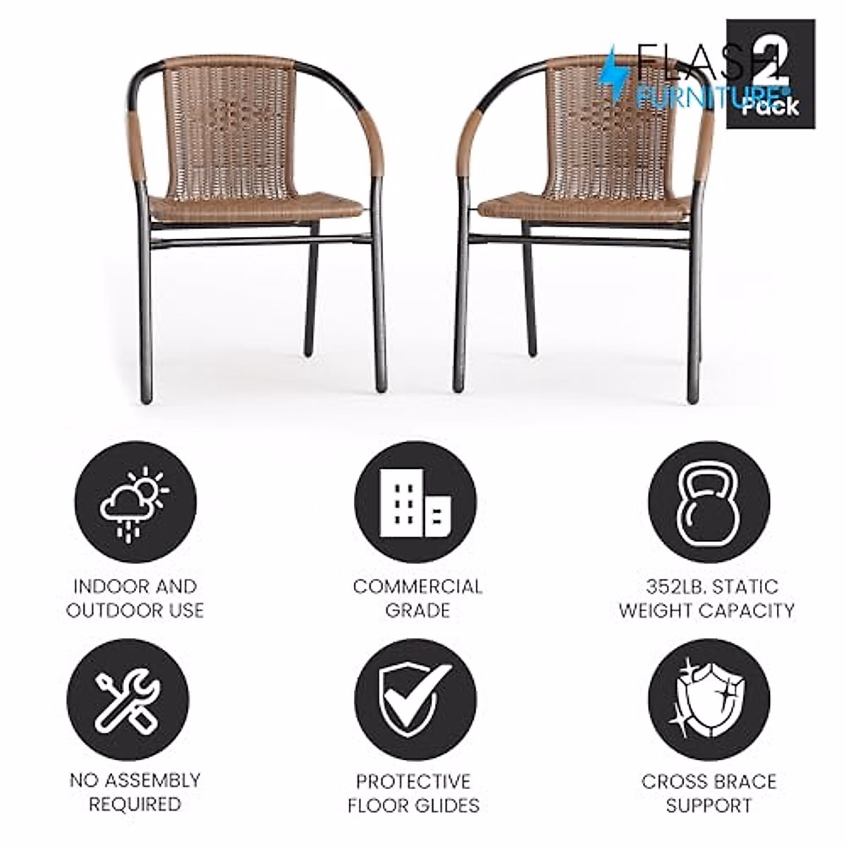 Flash Furniture Lila Modern Rattan Indoor/Outdoor Stackable Dining Chairs, Stacking Rattan Bistro Chairs for Patio or Restaurant, Set of 2, Brown