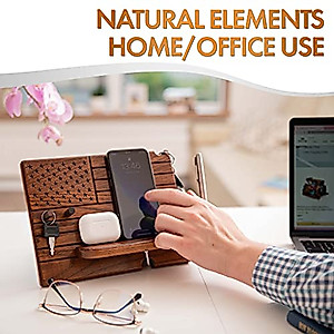 TESLYAR Natural Ash Wood Phone Docking Station National American USA Flag Hooks Key Holder Watch Organizer Men Gift Husband Anniversary Birthday Nightstand Purse Father Graduation Male