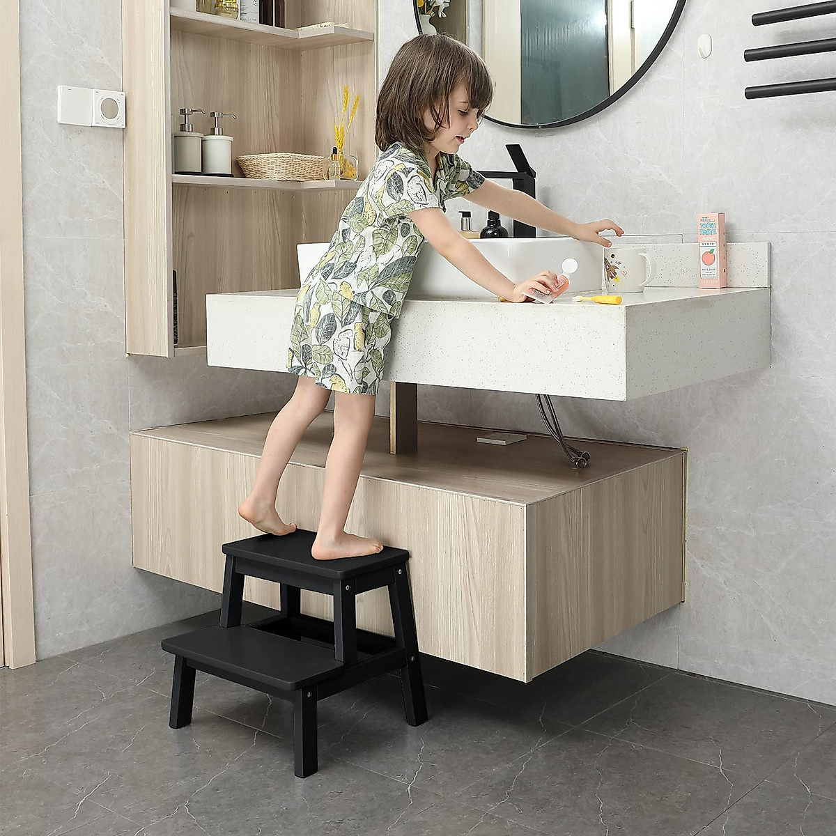 HOUCHICS Wooden Step Stool for Adults Kids, Solid Wood Bed Step Stool, Multi-Purpose 2-Step Stool for Kitchen, Bed, Bathroom with 260lb Load Capacity Black