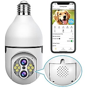 EYETOO Wireless WiFi Light Bulb Security Camera Outdoor, 10x Zoom 360 Degree PTZ Panoramic Light Socket Security Camera for Home with FHD 1080P Color Night Vision, Auto Tracking, Two-Way Talk, Alerts