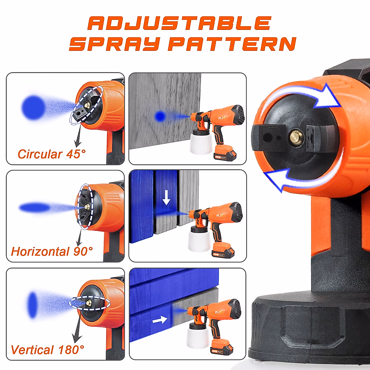 MJF Cordless Paint Sprayer, with 2 * 20V 2.0Ah Batteries, Includes 4 Copper Nozzles & 3 Patterns, 1000ml Container, HVLP Paint Sprayer for Home Interior and Exterior, Handheld Paint Spray Gun, Orange