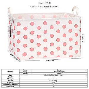 Sea Team Collapsible Canvas Fabric Storage Basket with Handles, Rectangle Waterproof Storage Bin, Box, Cube, Foldable Shelf Basket, Closet Organizer, 16.5 x 11.8 x 9.8 Inches, Pink Dot