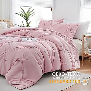 DOWNCOOL King Size Comforter Set - Pintuck Bedding Comforter Sets, 3-Piece Set, 1 Pinch Pleated Comforter and 2 Pillowcases, Soft Bedding Comforters & Sets for All Season, Pink Comforter King Size