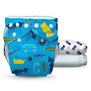 Charlie Banana Baby Washable and Reusable Cloth Diapers, 3 Soft Pocket Diapers and 6 Absorbent Inserts, One-Size, Surf Rider