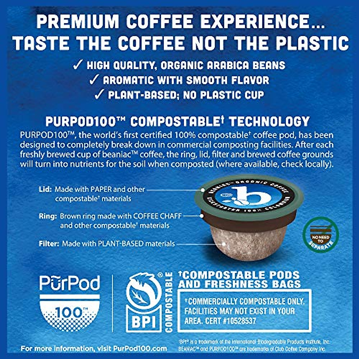 beaniac Organic Kickstarter 100% Colombian | Medium Roast, Single Serve Coffee K Cup Pods | Rainforest Alliance Certified | 30 Compostable, Plant-Based Coffee Pods | Keurig Brewer Compatible