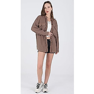 chouyatou Women's Loose Fit Batwing Sleeve Waffle Knit Button Down Shirt Shacket Tops (Large, Coffee)