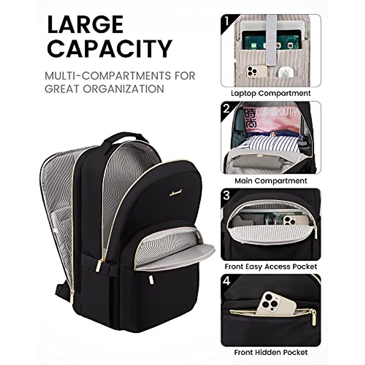 LOVEVOOK Work Backpack for Women, fits 15.6 Inch Laptop, Large Capacity Laptop Backpack with Luggage Strap, Waterproof Lightweight Backpack Purse, Fashionable for Business, Travel, Black