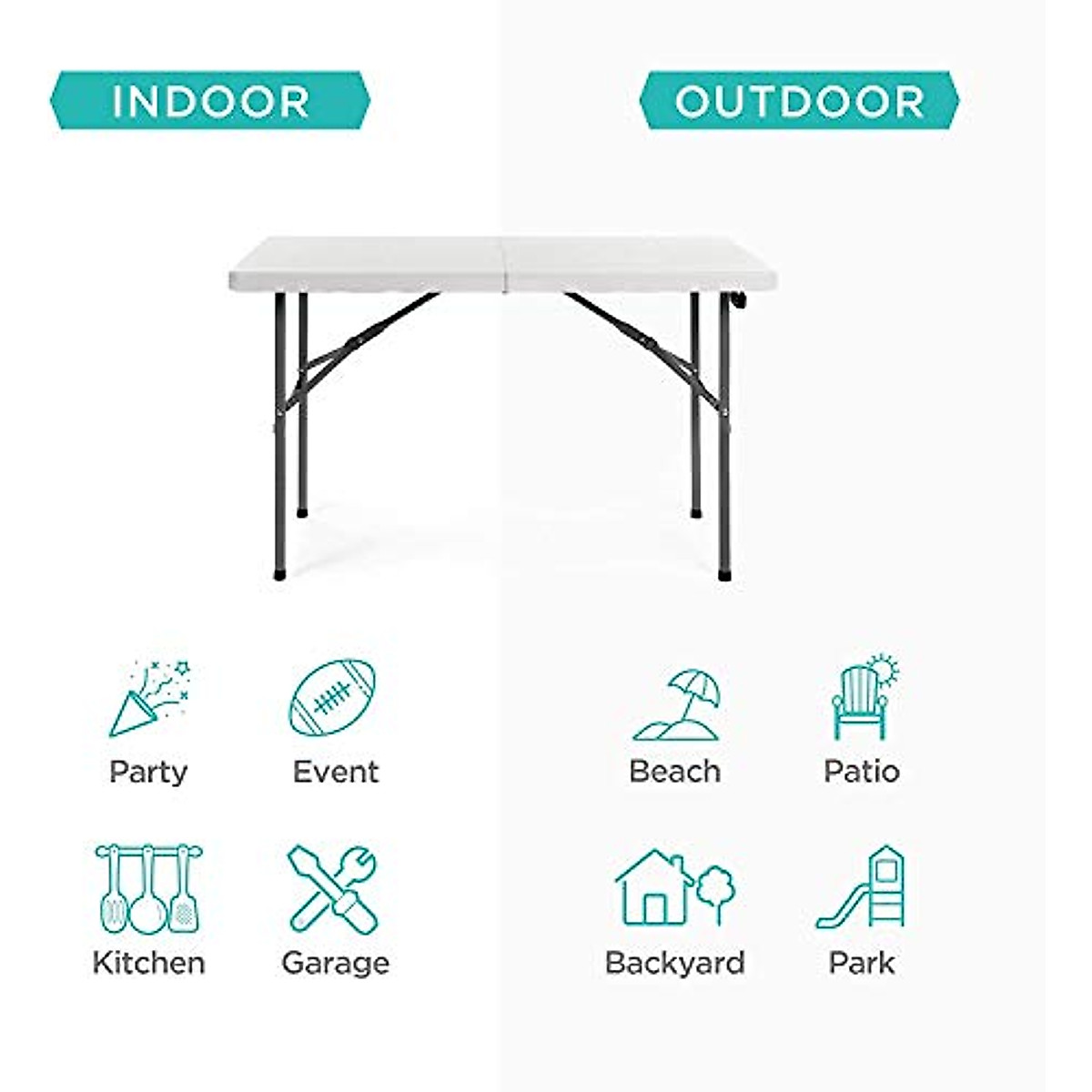 New Home Era Folding Table - Foldable Heavy Duty Plastic Table for Indoor & Outdoor Parties, Picnic, Camping, Wedding, BBQ Catering, Garden Dining - Fold-in-Half Portable Utility Table - White - 4ft
