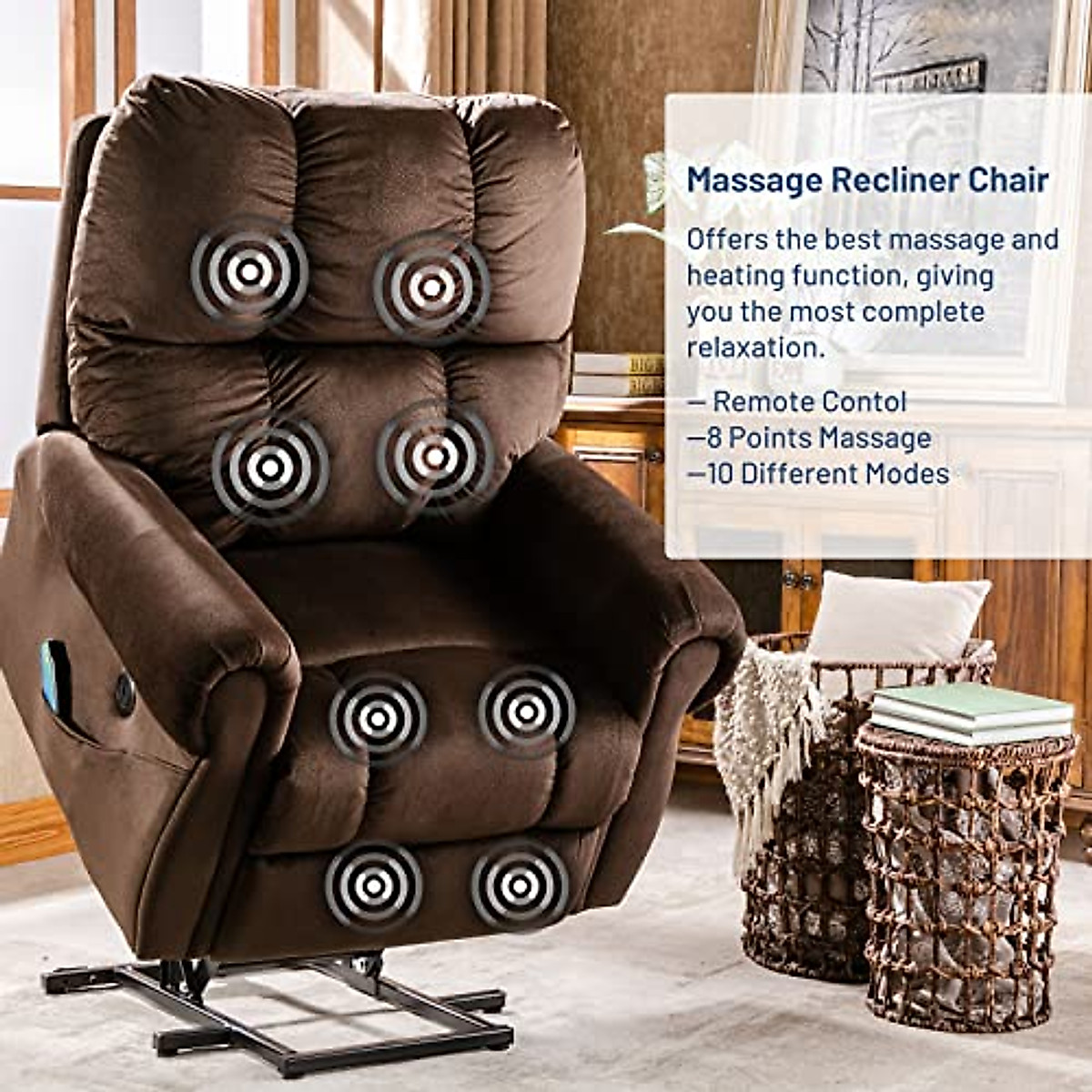FONTOI Electric Power Lift Recliner Chair with Heated Vibration and Massage, Home Theater Single Sofa Seating w/USB Port and Side Pockets for Living Room, Chocolate
