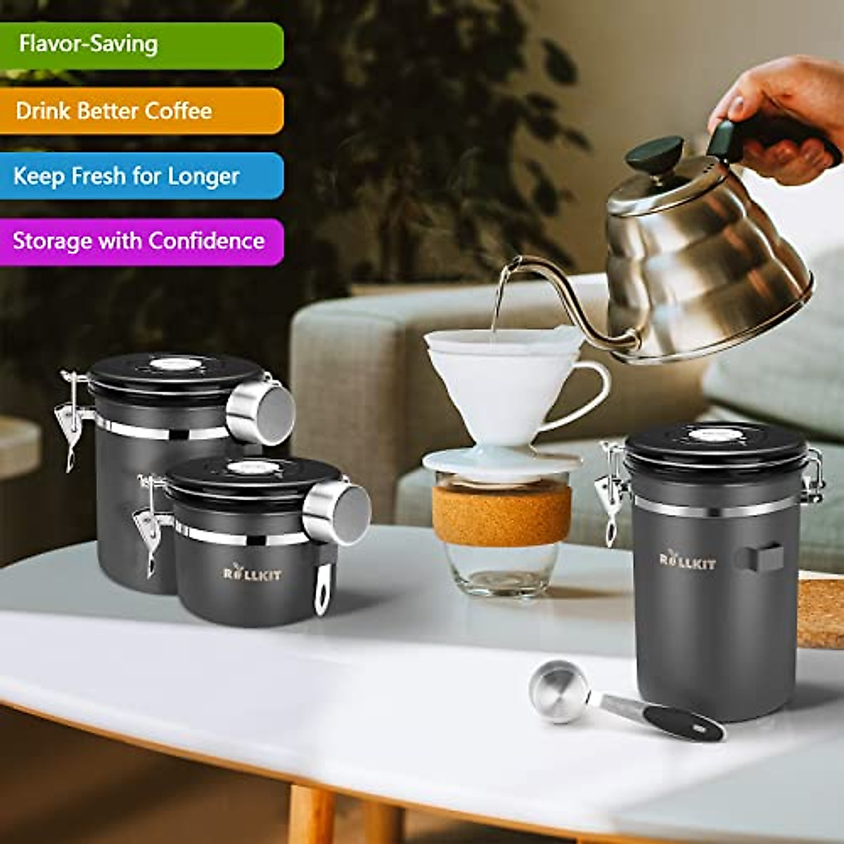RollKit Coffee Canister Airtight Storage Containers for Beans Grounds, Stainless Steel Flavor-Saving Holder for Tea Jar w/Date Tracker, CO2 Release Valve, Airtight Lid, Scoop - Medium 16oz, Gray