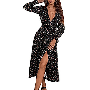 SweatyRocks Women's Deep V Neck Long Sleeve Floral Dress Boho Split A Line Long Dresses Black XL