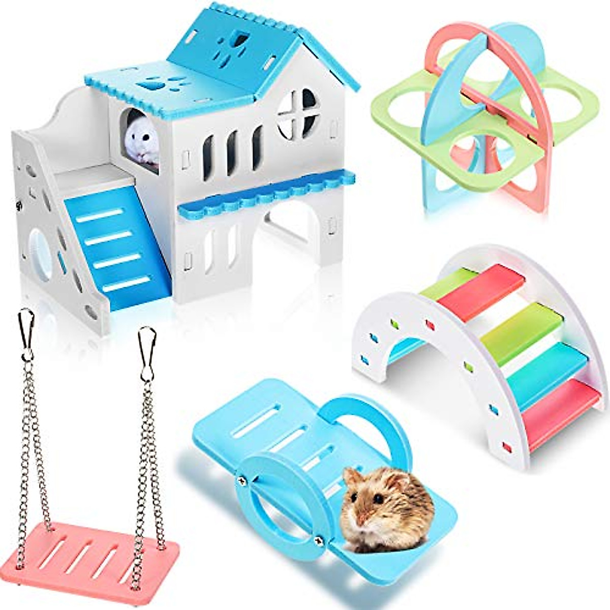 5 Pieces Hamster Toys Include Wooden Hamster House Guinea Pig Hideout Rainbow Bridge Hamster Seesaw Hamster Swing Hamster Exercise Circle Toy Suitable for Small Animals (Blue,6.3 x 3.93 x 5.5 Inch)