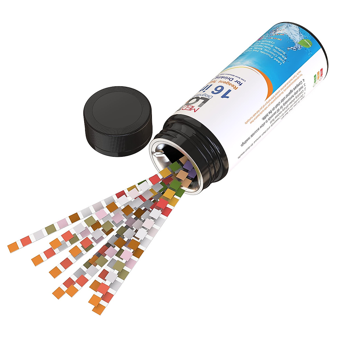 16 in 1 Drinking Water Test Kit Strips, 100 cnt. Home Water Quality Test for Tap Water, Pool, Spa. Strips for Water Hardness, Total Chlorine, Mercury, Lead, Aluminum, Fluoride, Iron, pH and More