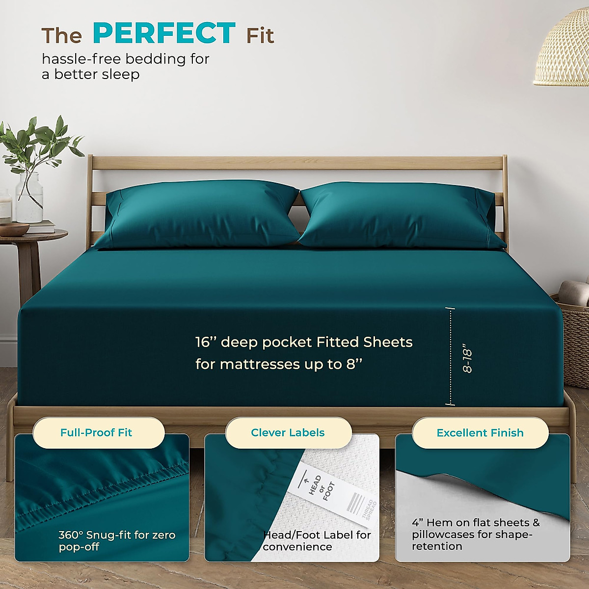 THREAD SPREAD 100% Egyptian Cotton Split King Sheets Sets for Adjustable Bed - 800 Thread Count 5 PC Top Split King Sheet for Sleep Number Bed, Soft Cooling Sheets, Fits Mattress upto 18" - Teal