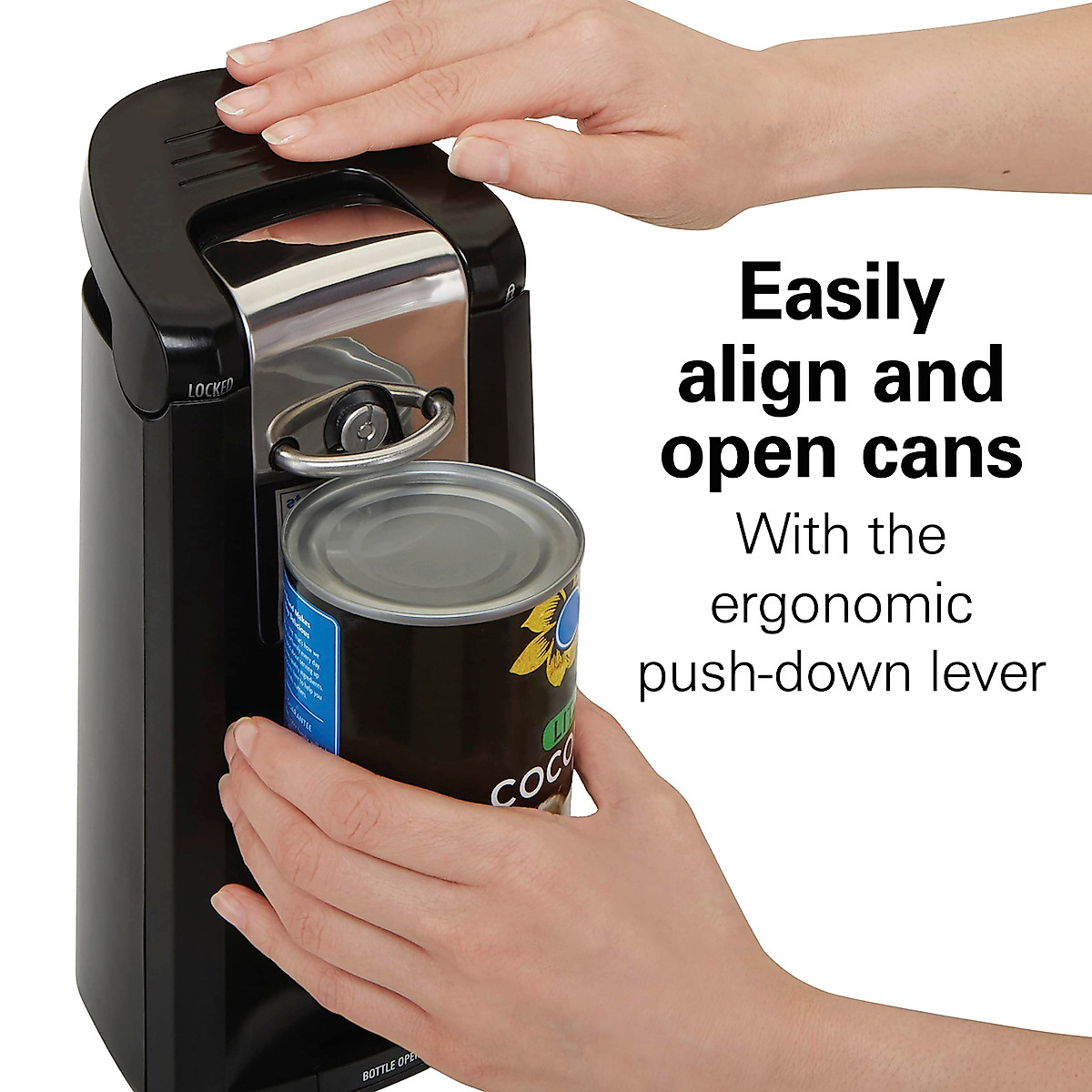 Hamilton Beach Smooth Touch Electric Automatic Can Opener Easy Push Down Lever, For All Standard-Size and Pop-Top, Extra Tall, With Bottle Opening Accessory and Built-In Knife Sharpener, Black