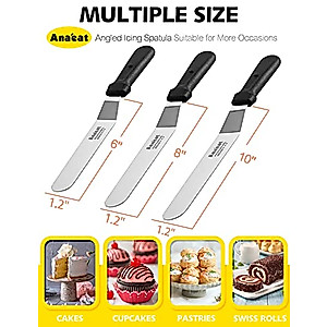 Anaeat Icing Spatulas, Set of 3 Professional Cake Angled Offset Spatula with 6", 8", 10" Stainless Steel Blades - Thickened Frosting Knife with Plastic Handle for Cake Decorating, Pastry & Baking