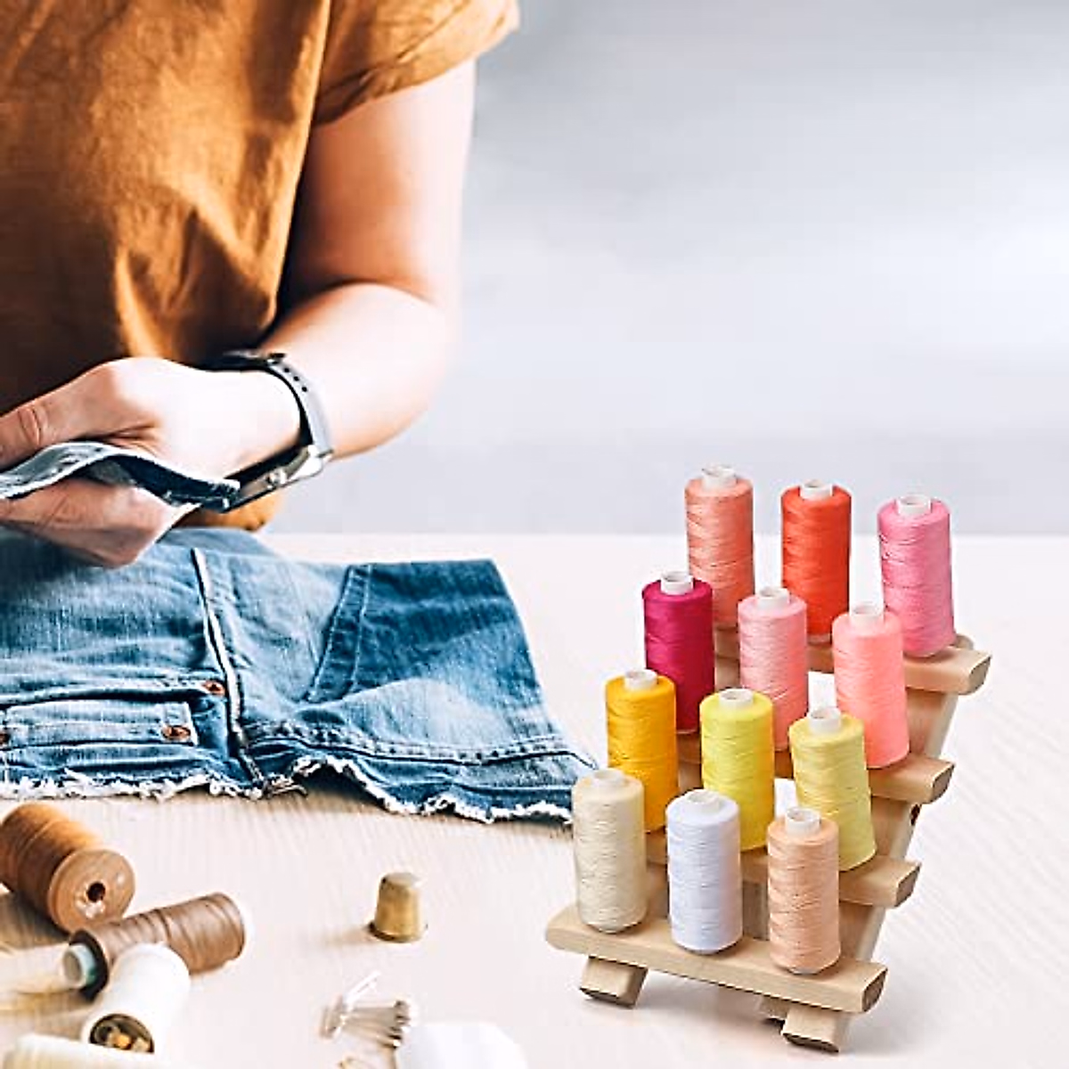 Spool Thread Holder, 12 Spools Wooden Thread Holder Foldable Spool Wooden Thread Rack Sewing and Embroidery Thread Rack and Organizer for Sewing Machine