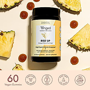 Winged Rise Up Gummies | Energy & Brain Boost Supplement | Natural Caffeine, Ashwagandha & B12 for Energy | Nootropics Alpha-GPC, Lion’s Mane & Huperzine A for Focus | Pineapple Flavor (30 Servings)
