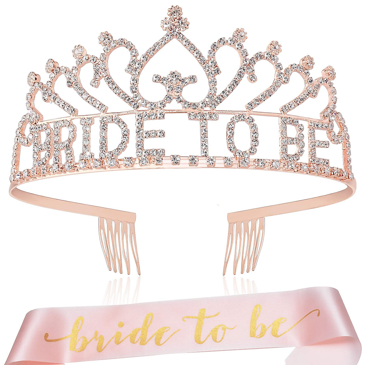 Coucoland Women’s Bride to Be Crown Tiara and Bride to Be Sash Crystal Rhinestone Tiara Headband for Wedding Bridal Shower(Rose Gold)