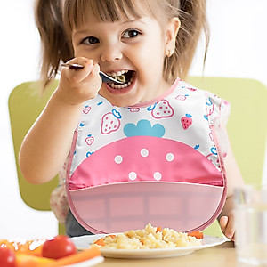 GAJIGAJI Waterproof Baby Bib with Silicone Food Catcher Pocket, Adjustable Feeding Bib Fit for 6-24 Month Toddlers (Leaves Green)