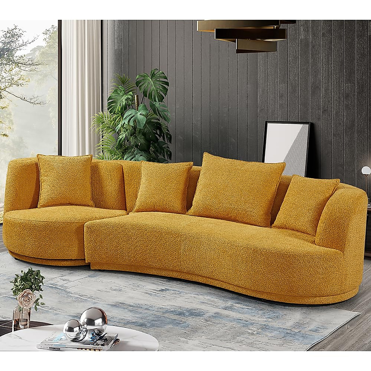 WILLIAMSPACE 109.84" Modern Curved Sofa Couch with 360° Swivel Arm Chair, Modern Upholstery Boucle Sofa 3 Seat Couch with 4 Throw Pillows, Luxury Curved Couch for Living Room Apartment (Yellow)
