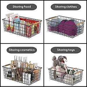 YOUVIP Wire Storage Baskets with Wooden Handles, 3 Pack Metal Organizer Baskets for Kitchen, Pantry, Freezer, Laundry,Farmhouse,Bathroom Baskets for Organizing,Black (1 Small, 1 Medium, 1 Large)