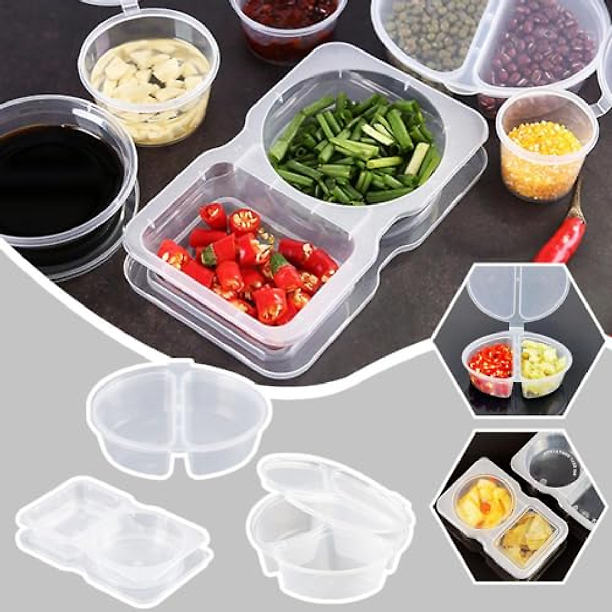 Double Compartment Condiment Container,2 Compartment Snack Containers with Lids,Small Food Storage Containers,Double Compartment Snack Containers for to-go Sauce, Sampling, Travel Snack (Round 150ml)