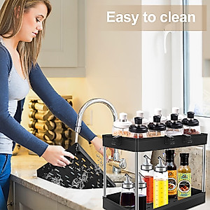 Piashow Under Sink Organizer, 2-Tier Under Sink Storage Organizer, Bath Collection Basket with 4 Hooks, Multi-purpose Bathroom Standing Rack, Storage Shelf for Kitchen (Black)