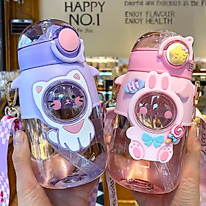 excvalues Kawaii Bear Water Bottle with Straw and Shoulder Strap, 25oz Cute Large Capacity Water Bottles with 3D Stickers for Girls, School (Purple)