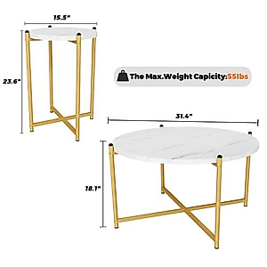 AWQM Faux Marble Coffee Table Set of 3, 1 Coffee Table & 2 Sofa Table, Round Tabletop and Metal Cross Base Frame,Perfect for Living Room Apartment, White & Gold
