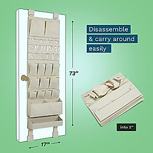 Over The Door Hanging Organizer Storage Wall Mount Premium Durable with 7 Unique Large Pockets Customizable Metal Door Hooks 17” Wide * 73” Long Closet Organizer Office Home Easy to Setup Ivory