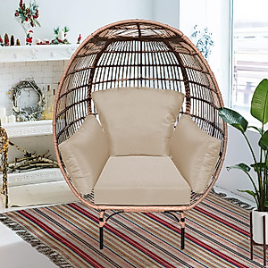 OTSUN Wicker Egg Chair, Oversized Indoor Outdoor Lounger for Patio, Backyard, Living Room with 4 Cushions, Steel Frame, Apricot