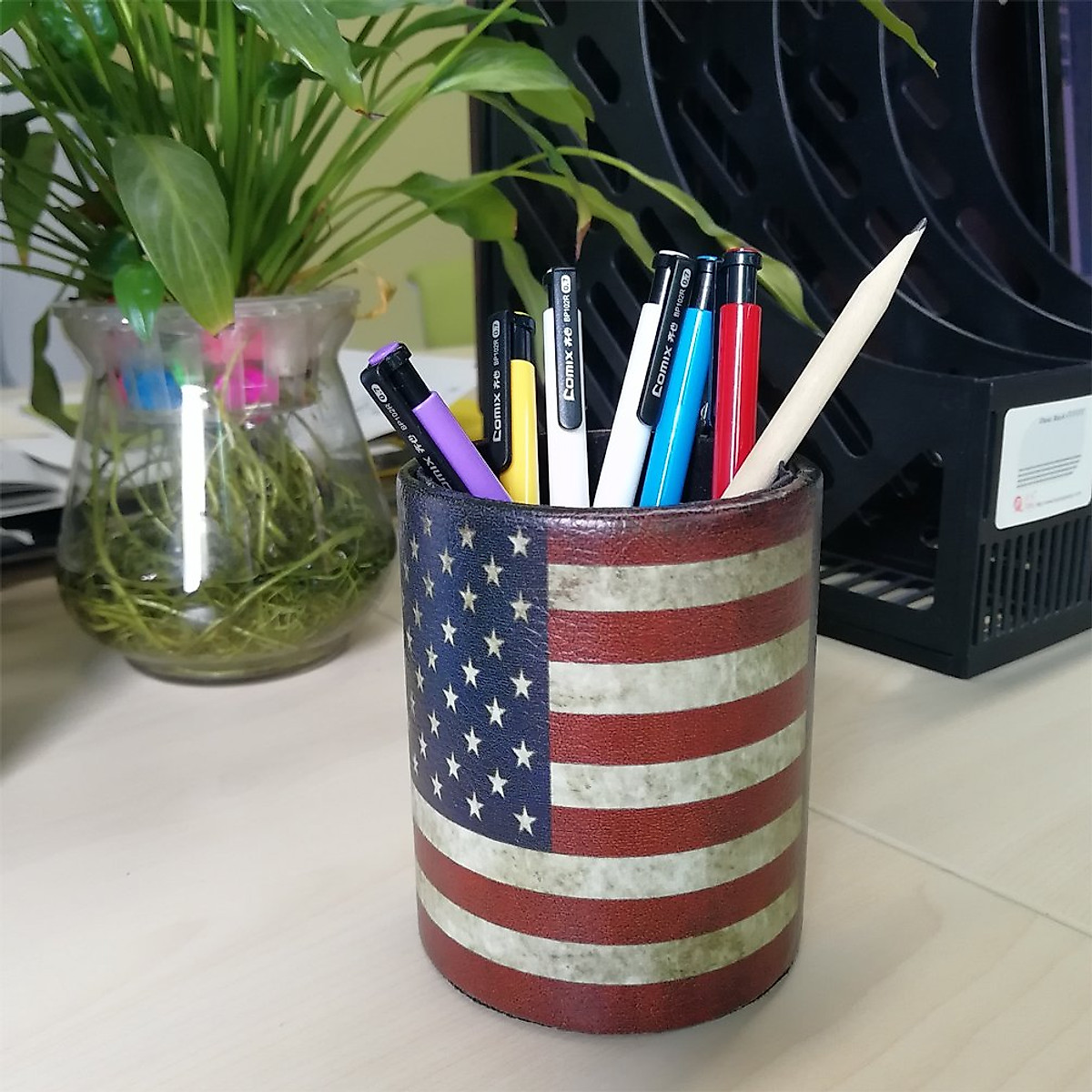 DreamsEden Vintage Pen Pencil Holder Cup Retro Pattern Desk Organizer for Home Office Bedroom (American flag Round)