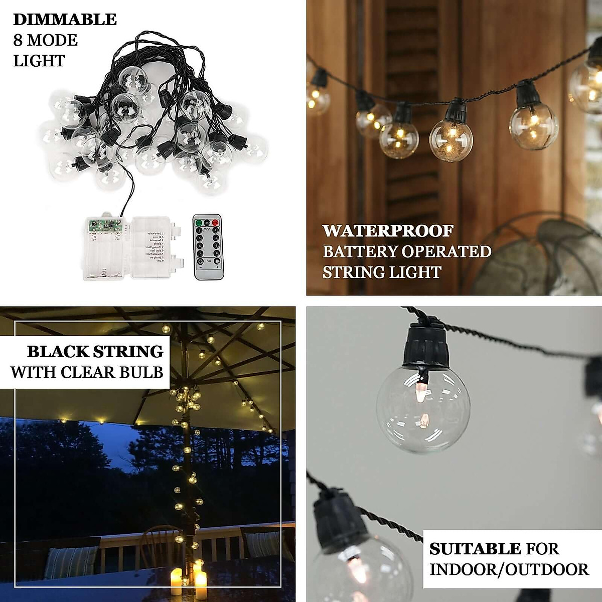 Efavormart 26FT String LED Lights with 25 Clear Bulbs 8 Mode Dimmable Warm White Waterproof Outdoor/Indoor Patio - Remote Included