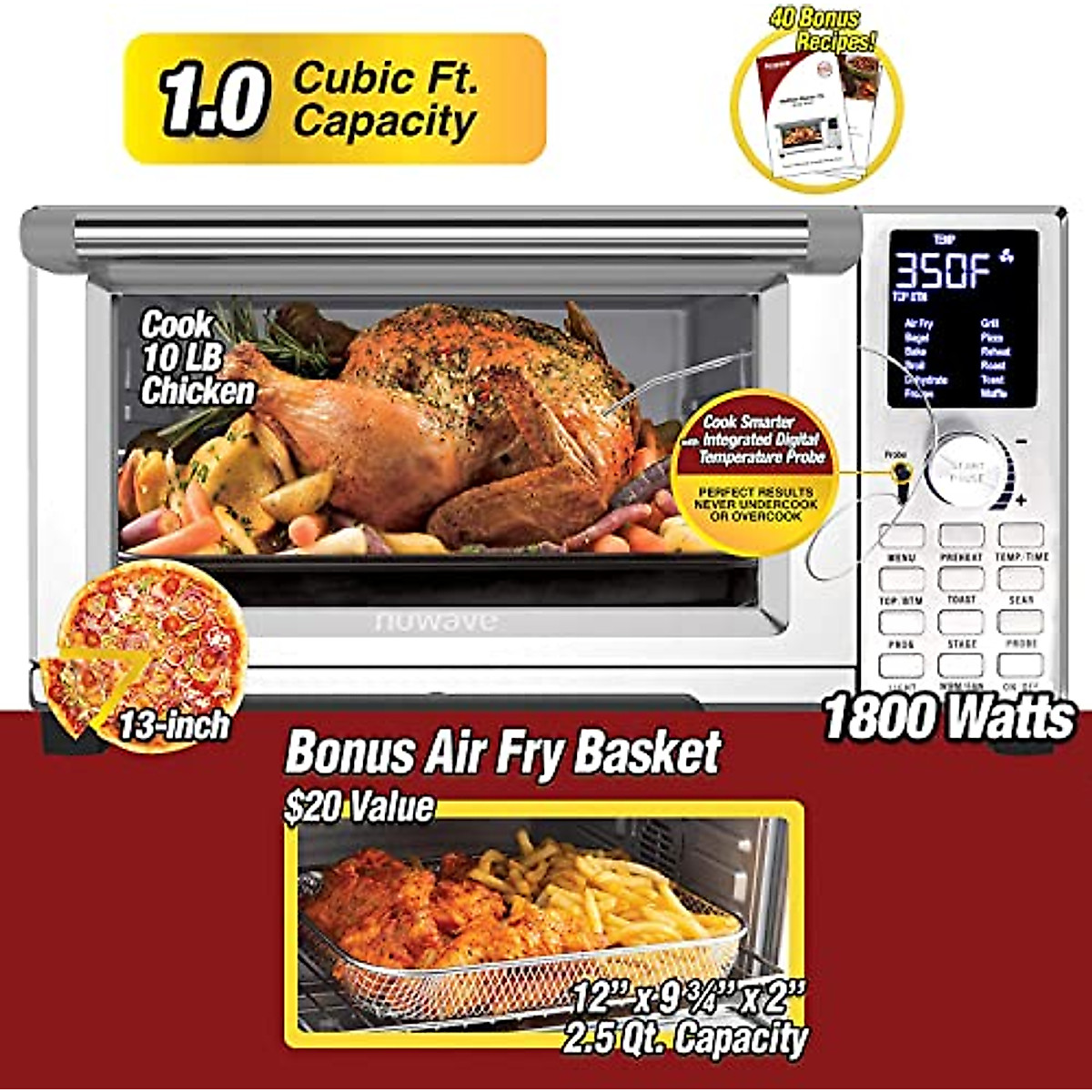 NUWAVE BRAVO XL 30-Quart Convection Oven with Flavor Infusion Technology with Integrated Digital Temperature Probe; 12 Presets; 3 Fan Speeds; 5-Quartz Heating Elements
