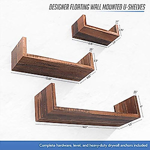 Under.Stated U Shaped Floating Wall Shelves - Rustic MDF with PVC Wall Mounted Display Rack | Multi-Purpose Hanging Shelves Set of 3 (Rustic Brown)