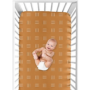 Sweet Jojo Designs Pumpkin Boho Mudcloth Boy or Girl Fitted Crib Sheet Baby or Toddler Bed Nursery - Orange and White Bohemian Woodland Tribal Southwest Mud Cloth Hatch Gender Neutral Triple Line