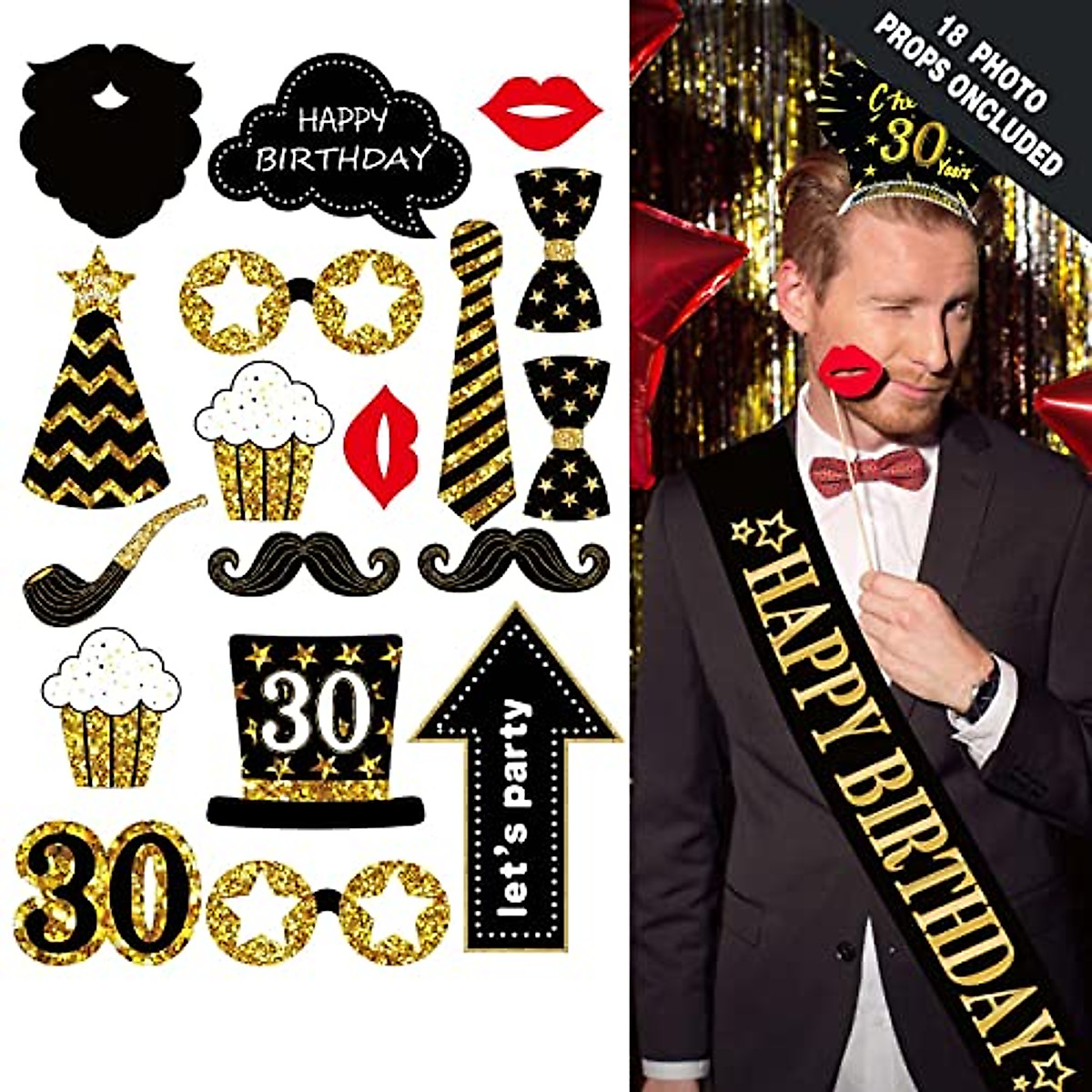 30th birthday decorations for him - (76pack) black gold party Banner, Pennant, Hanging Swirl, birthday balloons, Tablecloths, cupcake Topper, Crown, plates, Photo Props, Birthday Sash for men gifts