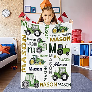 Custom Tractor Blanket with Name for Boys Girls Kids, Personalized Name Blanket Trucks, Soft Flannel Blankets Customized Gift for Children Day Birthday Christmas-40 x50