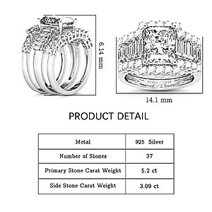 Jeulia 3 PC Wedding Ring Set 5.2ct Radiant Cut Moissanite Engagement Ring for Women 925 Sterling Silver Ring Cubic Zirconia Diamond Eternity Bands Anniversary Promise Ring Bridal Set (6)