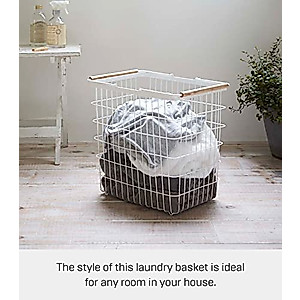 YAMAZAKI Wire Home Wooden Handles | Steel + Wood | Large | Laundry Basket, White