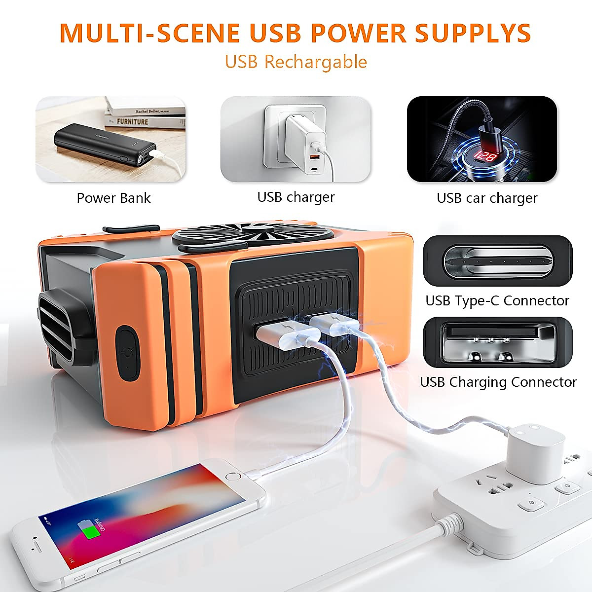 Cof 4-in-1 Waist Clip on Fan Portable Personal Fan, USB Mini Necklace Fan, 3 Speeds, 5000mAh Rechargeable Battery Operated Fan for Outdoor Camping with LED SOS Function