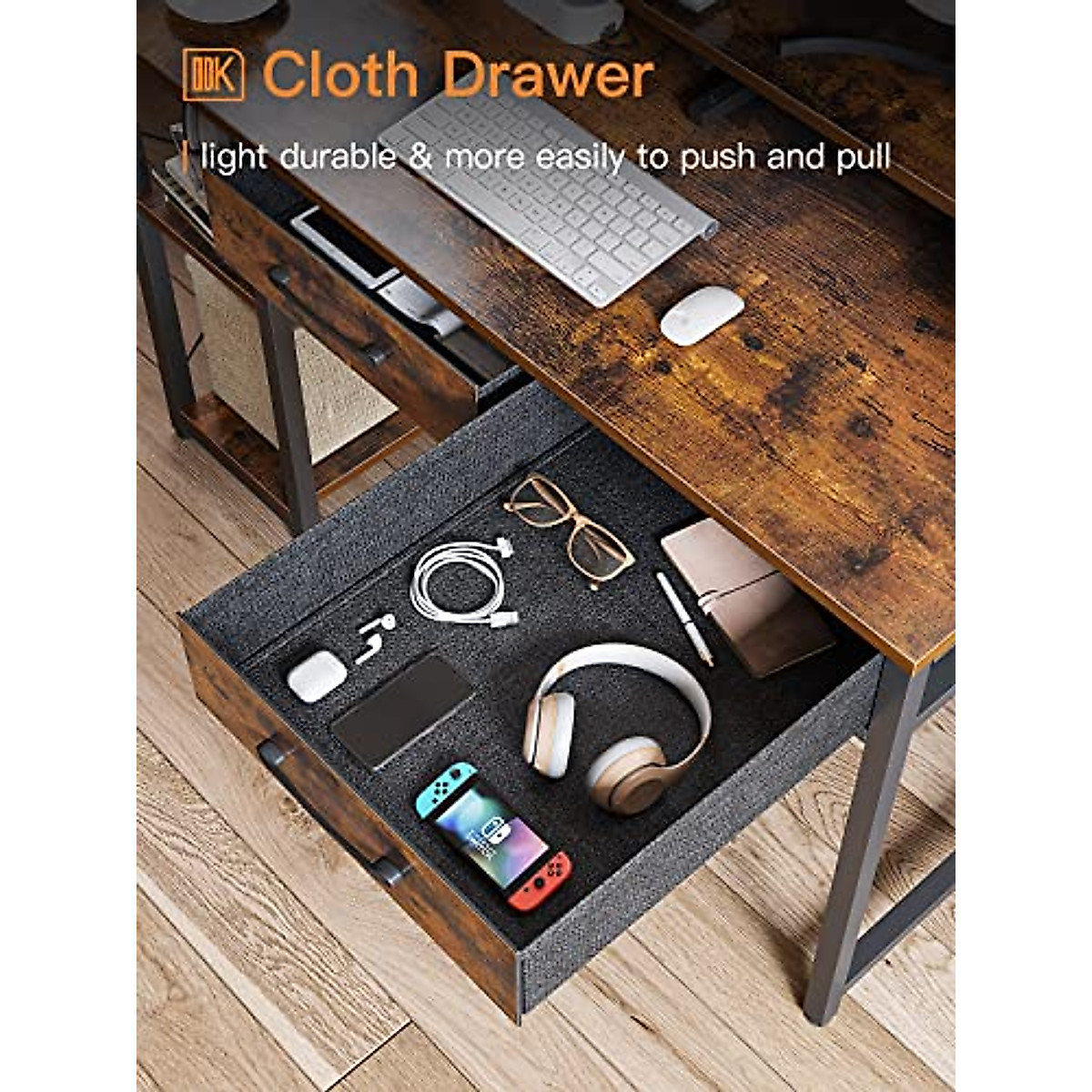 ODK Computer Desk 47" Table: Office Desk with Cloth Drawers & Wood Storage Shelves, Home Work Writing Desk & Large Space Monitor Stand, Rustic Brown